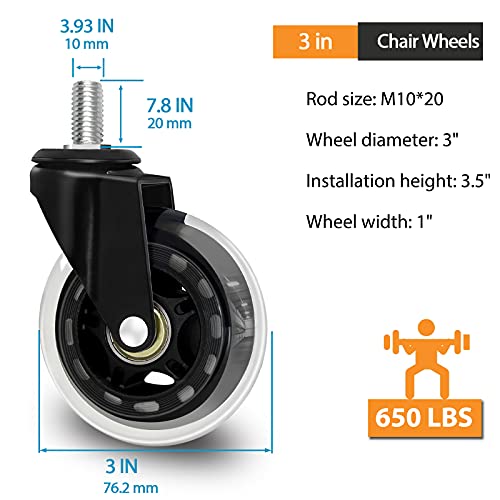 3" Office Chair Caster Wheels with M10x20 mm Threaded Stem, 360 Rotation Heavy Duty Polyurethane Office Chair Caster for All Floors Including Hardwood, Carpet and Tile, No Need Floor Mat. (Set of 5)