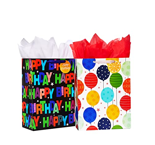 2 Pack 16.5" Large Gift Bag with Tissue Paper for Happy Birthday gift bags (Balloons)