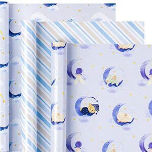 WRAPAHOLIC Baby Shower Wrapping Paper Roll - Mini Roll - 3 Rolls - 17 Inch X 120 Inch Per Roll - Butterfly Girl, Little Bear, Moon, Stripe Design for Kids