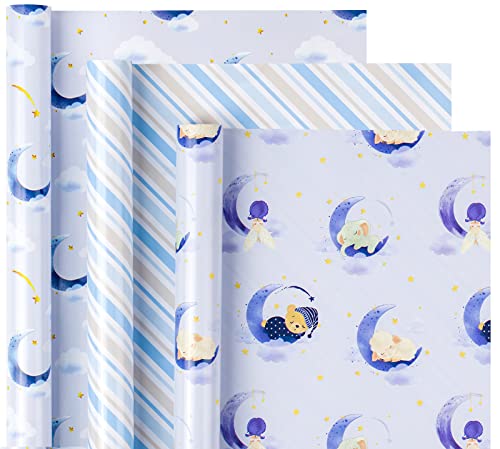 WRAPAHOLIC Baby Shower Wrapping Paper Roll - Mini Roll - 3 Rolls - 17 Inch X 120 Inch Per Roll - Butterfly Girl, Little Bear, Moon, Stripe Design for Kids