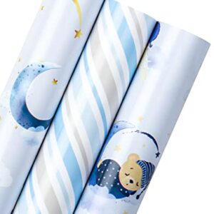 WRAPAHOLIC Baby Shower Wrapping Paper Roll - Mini Roll - 3 Rolls - 17 Inch X 120 Inch Per Roll - Butterfly Girl, Little Bear, Moon, Stripe Design for Kids