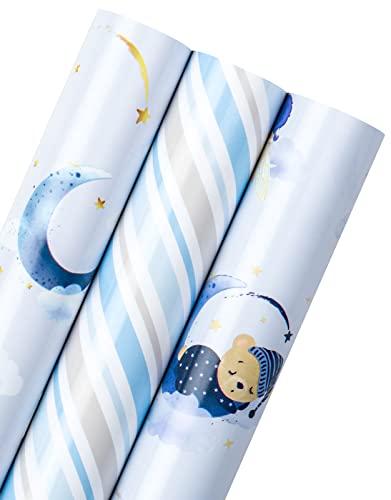 WRAPAHOLIC Baby Shower Wrapping Paper Roll - Mini Roll - 3 Rolls - 17 Inch X 120 Inch Per Roll - Butterfly Girl, Little Bear, Moon, Stripe Design for Kids