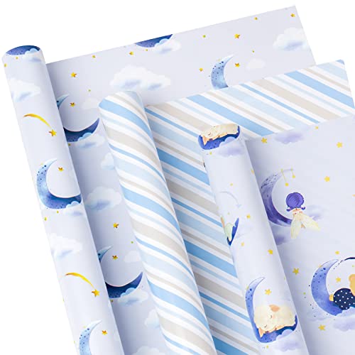 WRAPAHOLIC Baby Shower Wrapping Paper Roll - Mini Roll - 3 Rolls - 17 Inch X 120 Inch Per Roll - Butterfly Girl, Little Bear, Moon, Stripe Design for Kids