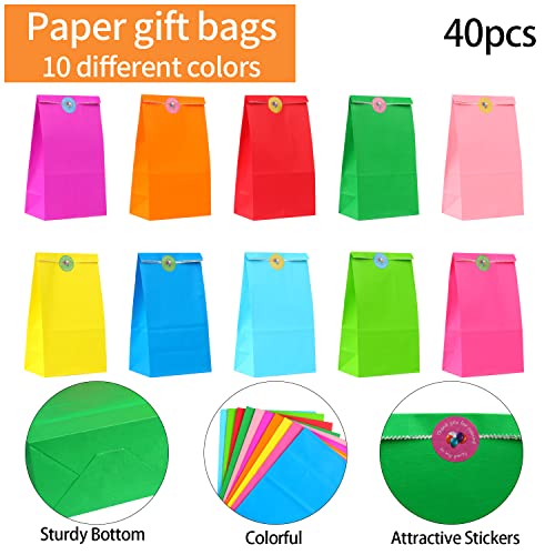 LOKIPA 40 Pieces Party Favor Paper Gift Bags with 48 Pieces Thank You Party Stickers for Birthday Party Supplies (13 x 8 x 24cm)