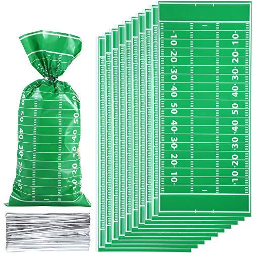 100 Pieces Football Party Favor Cellophane Goody Bags Heat Sealable Football Field Cookie Candy Bags with Silver Twist Ties for Football Party Supplies