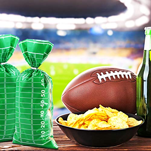 100 Pieces Football Party Favor Cellophane Goody Bags Heat Sealable Football Field Cookie Candy Bags with Silver Twist Ties for Football Party Supplies