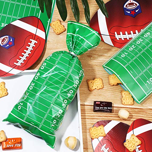 100 Pieces Football Party Favor Cellophane Goody Bags Heat Sealable Football Field Cookie Candy Bags with Silver Twist Ties for Football Party Supplies