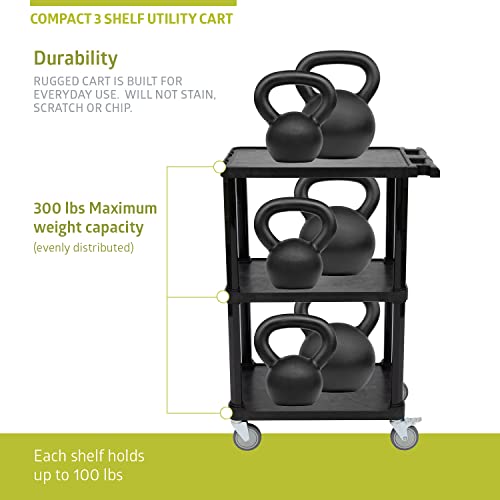 Pearington 3-Tier Compact Multi-Purpose Utility Cart with Lockable Wheels and Ergonomic Handle, Black