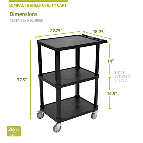 Pearington 3-Tier Compact Multi-Purpose Utility Cart with Lockable Wheels and Ergonomic Handle, Black