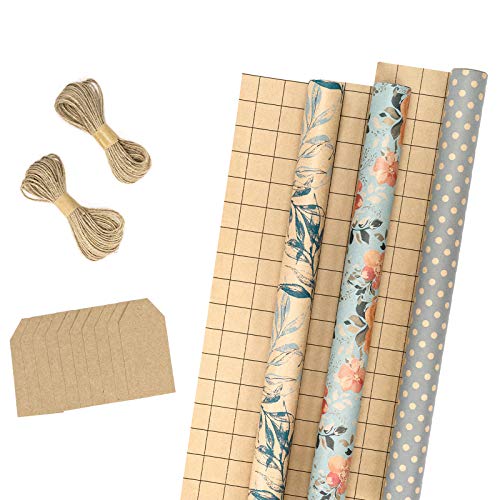 RUSPEPA Wrapping Paper Rolls with Tags, Jute String - 17 inches x 10 feet per Roll, Total of 3 Rolls, Spring