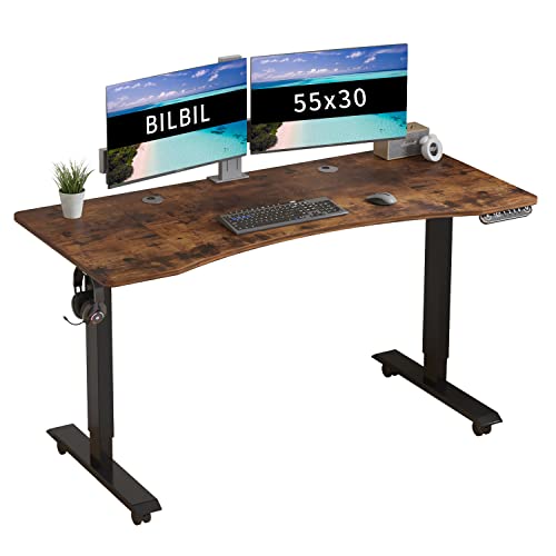 bilbil 55 x 30 Inches Curved Electric Standing Desk, Height Adjustable Sit to Stand Desk Home Office Desks with 4 Splice Boards, Casters with Brake, Rustic Brown