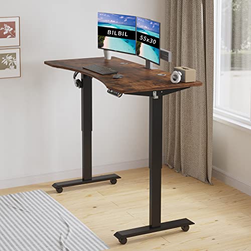 bilbil 55 x 30 Inches Curved Electric Standing Desk, Height Adjustable Sit to Stand Desk Home Office Desks with 4 Splice Boards, Casters with Brake, Rustic Brown