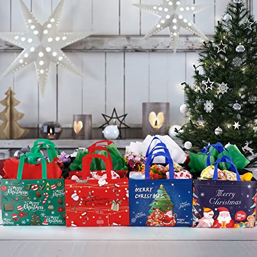 12 Pack Large Christmas Gift Bag Reusable Tote Bags with Handle, Non-Woven Grocery Shopping Totes Santa Claus Snowman Reindeer Bag for Holiday Xmas Event Party, 12.2" x 9.8" x 4.5"