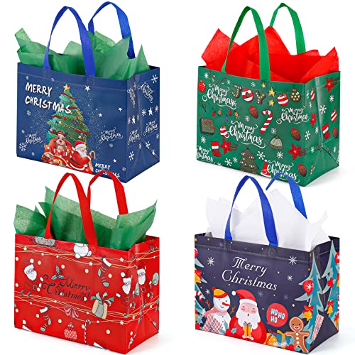 12 Pack Large Christmas Gift Bag Reusable Tote Bags with Handle, Non-Woven Grocery Shopping Totes Santa Claus Snowman Reindeer Bag for Holiday Xmas Event Party, 12.2" x 9.8" x 4.5"