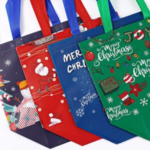 12 Pack Large Christmas Gift Bag Reusable Tote Bags with Handle, Non-Woven Grocery Shopping Totes Santa Claus Snowman Reindeer Bag for Holiday Xmas Event Party, 12.2" x 9.8" x 4.5"