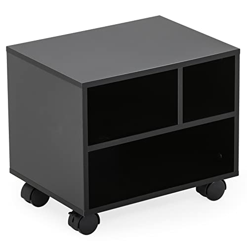 FITUEYES Mobile Printer Stand with Storage, Under Desk Black Wood Small Rolling Printer Table Work Cart with Wheels and 3 Compartment Organizer Spaces for Home Office,, 15.7 x 11.8 x 13.8