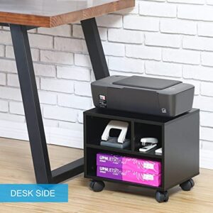 FITUEYES Mobile Printer Stand with Storage, Under Desk Black Wood Small Rolling Printer Table Work Cart with Wheels and 3 Compartment Organizer Spaces for Home Office,, 15.7 x 11.8 x 13.8