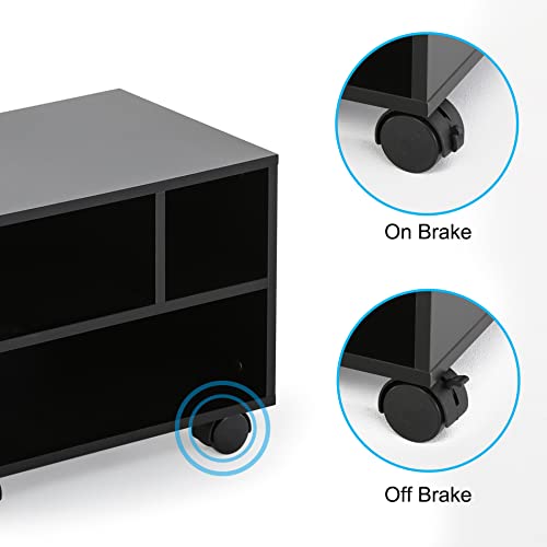 FITUEYES Mobile Printer Stand with Storage, Under Desk Black Wood Small Rolling Printer Table Work Cart with Wheels and 3 Compartment Organizer Spaces for Home Office,, 15.7 x 11.8 x 13.8