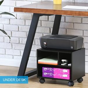 FITUEYES Mobile Printer Stand with Storage, Under Desk Black Wood Small Rolling Printer Table Work Cart with Wheels and 3 Compartment Organizer Spaces for Home Office,, 15.7 x 11.8 x 13.8