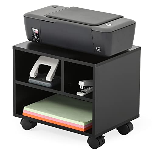 FITUEYES Mobile Printer Stand with Storage, Under Desk Black Wood Small Rolling Printer Table Work Cart with Wheels and 3 Compartment Organizer Spaces for Home Office,, 15.7 x 11.8 x 13.8