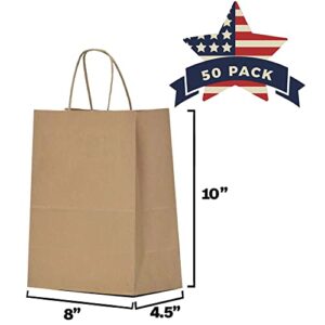 Qutuus 50pcs Gift Bags 8x4.5x10 Brown Paper Bags with Handles Bulk,Kraft Bags, Brown Gift Bags, Medium Size Gift Bag Bulk,Brown Bags, Kraft Paper Bag, Craft Bags