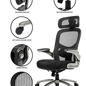 OFFICE FACTOR 500 Lbs Rated Ergonomic Big and Tall Office Chair Flip-Up arms, Mesh Office Chair, Swivel Office Chair with Anti Scratch Wheels, Mesh Executive Chair (Black with Headrest)