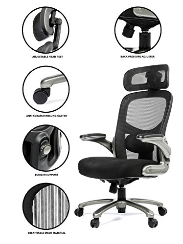 OFFICE FACTOR 500 Lbs Rated Ergonomic Big and Tall Office Chair Flip-Up arms, Mesh Office Chair, Swivel Office Chair with Anti Scratch Wheels, Mesh Executive Chair (Black with Headrest)