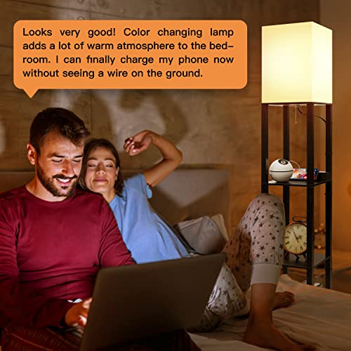 SOLIT Corner Floor Lamp with Shelves w/ RGB Dimmable LED Smart Light Bulbs, Narrow Nightstand Charging Station, Bedroom Lamps for Living Room Lamps, Column Standing Light Tall Lamp for Bedroom [Black]