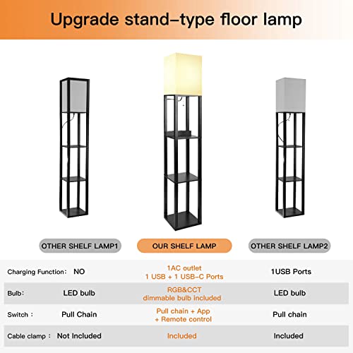 SOLIT Corner Floor Lamp with Shelves w/ RGB Dimmable LED Smart Light Bulbs, Narrow Nightstand Charging Station, Bedroom Lamps for Living Room Lamps, Column Standing Light Tall Lamp for Bedroom [Black]