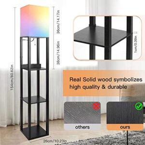 SOLIT Corner Floor Lamp with Shelves w/ RGB Dimmable LED Smart Light Bulbs, Narrow Nightstand Charging Station, Bedroom Lamps for Living Room Lamps, Column Standing Light Tall Lamp for Bedroom [Black]