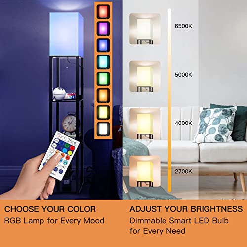 SOLIT Corner Floor Lamp with Shelves w/ RGB Dimmable LED Smart Light Bulbs, Narrow Nightstand Charging Station, Bedroom Lamps for Living Room Lamps, Column Standing Light Tall Lamp for Bedroom [Black]