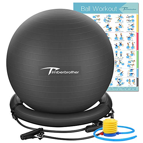 Timberbrother 75cm Exercise Ball Chair with Resistance Bands Workout Poster 16.5”x 22.4”,Stability Ball Base for Gym and Home Exercise (Black with Ring & Bands)