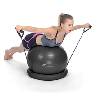 Timberbrother 75cm Exercise Ball Chair with Resistance Bands Workout Poster 16.5”x 22.4”,Stability Ball Base for Gym and Home Exercise (Black with Ring & Bands)