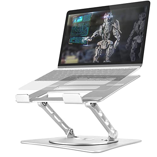 Bcom Adjustable Laptop Stand with 360° Rotating Base，Foldable Aluminum Alloy Computer Laptop Riser，Ergonomic Design，Compatible with 10 to 17" Laptops，Laptop Stand for Desk for Office and Home，Silver