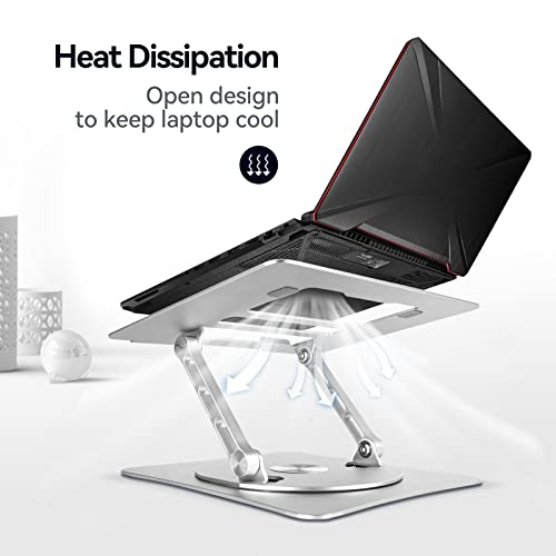 Bcom Adjustable Laptop Stand with 360° Rotating Base，Foldable Aluminum Alloy Computer Laptop Riser，Ergonomic Design，Compatible with 10 to 17" Laptops，Laptop Stand for Desk for Office and Home，Silver