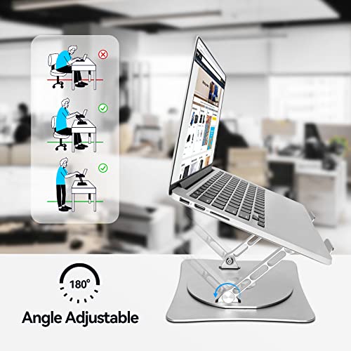 Bcom Adjustable Laptop Stand with 360° Rotating Base，Foldable Aluminum Alloy Computer Laptop Riser，Ergonomic Design，Compatible with 10 to 17" Laptops，Laptop Stand for Desk for Office and Home，Silver