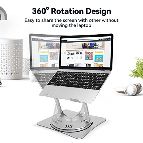 Bcom Adjustable Laptop Stand with 360° Rotating Base，Foldable Aluminum Alloy Computer Laptop Riser，Ergonomic Design，Compatible with 10 to 17" Laptops，Laptop Stand for Desk for Office and Home，Silver