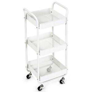 3-tier metal utility rolling cart, bathroom supply carts with handles and roller wheels, trolley organizer for kitchen home bedroom office, white