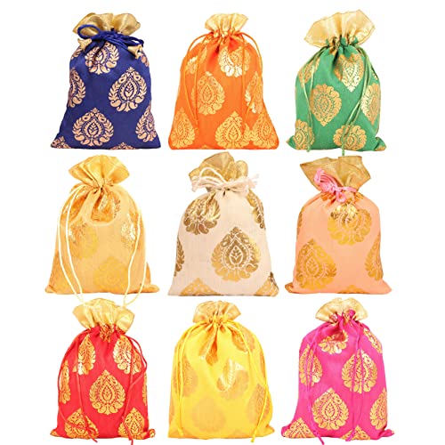 Touchstone Drawstring Bags Traditional Indian Handcrafted in Ficus Leaf Pattern Brocade fabric. Perfect for Gifts Jewelry Weddings Sweet Distribution Set of 9 Vibrant Multicolor Pouches Purses Potli.