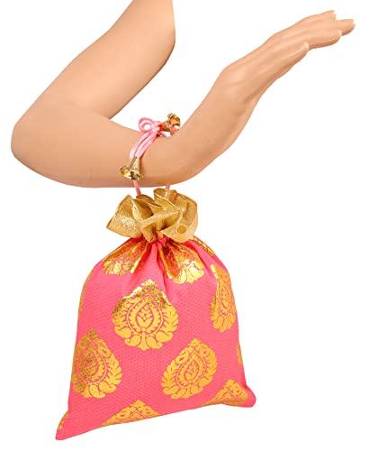 Touchstone Drawstring Bags Traditional Indian Handcrafted in Ficus Leaf Pattern Brocade fabric. Perfect for Gifts Jewelry Weddings Sweet Distribution Set of 9 Vibrant Multicolor Pouches Purses Potli.