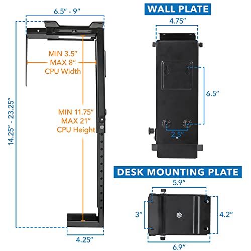 CPU Under Desk Mount Bracket - Computer Tower Wall and Under Counter Holder, 360 Degree Swivel Adjustable Height and Width Wall-Mountable