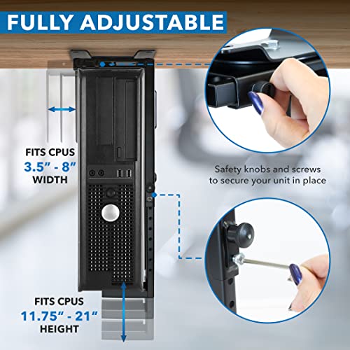 CPU Under Desk Mount Bracket - Computer Tower Wall and Under Counter Holder, 360 Degree Swivel Adjustable Height and Width Wall-Mountable