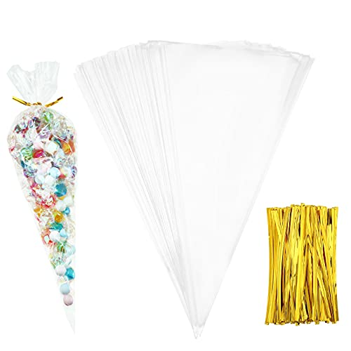 Outus 100 Pieces Christmas Medium Transparent Cone Bags Cello Bags Sweet Clear Treat Bags with 100 Pieces Twist Ties, 11.8 x 6.3 Inch (Gold Twist Ties)