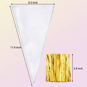 Outus 100 Pieces Christmas Medium Transparent Cone Bags Cello Bags Sweet Clear Treat Bags with 100 Pieces Twist Ties, 11.8 x 6.3 Inch (Gold Twist Ties)