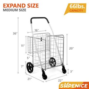 SUPENICE Grocery Utility Shopping Cart - Deluxe Folding Cart with Double Basket and 360° Rolling Swivel Wheels 66 lbs Utility Cart with Wide Cushion Handle Bar for Grocery Laundry Book Luggage Travel