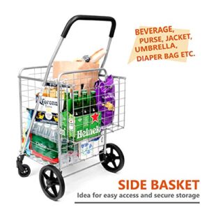 SUPENICE Grocery Utility Shopping Cart - Deluxe Folding Cart with Double Basket and 360° Rolling Swivel Wheels 66 lbs Utility Cart with Wide Cushion Handle Bar for Grocery Laundry Book Luggage Travel