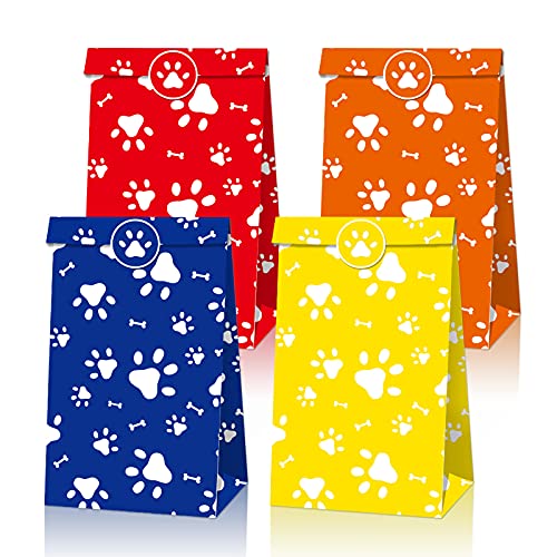 Esweny 12PCS Puppy Dog Paw Print Bone Gift Bags Supplies Doggie Theme Birthday Party Decorations Supplies Favors Goodie Candy Treat Bags with 18PCS Stickers