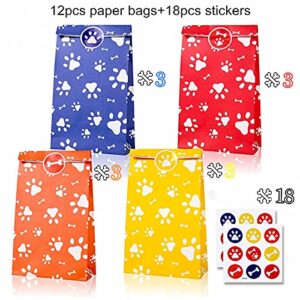 Esweny 12PCS Puppy Dog Paw Print Bone Gift Bags Supplies Doggie Theme Birthday Party Decorations Supplies Favors Goodie Candy Treat Bags with 18PCS Stickers