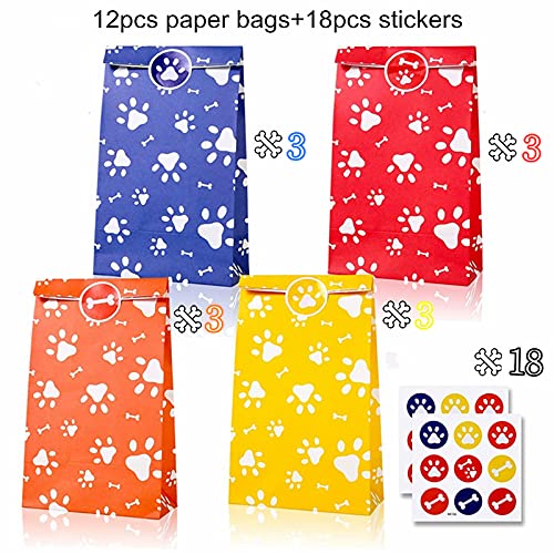 Esweny 12PCS Puppy Dog Paw Print Bone Gift Bags Supplies Doggie Theme Birthday Party Decorations Supplies Favors Goodie Candy Treat Bags with 18PCS Stickers