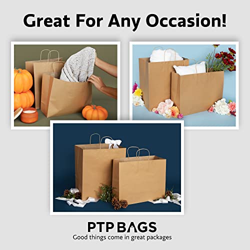 PTP BAGS Kraft Paper Bags With Handles, Brown Paper Bags for Special Occasions and Food Service, Tote Bag Set, 16 x 6 x 12.5 In, Natural, 100 Count